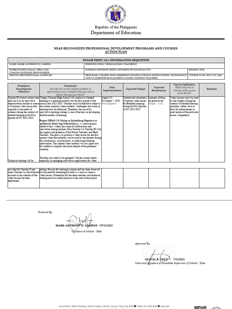 Enclosure K Scholars Action Plan - MARK - ANTHONY - CAMPOS | PDF