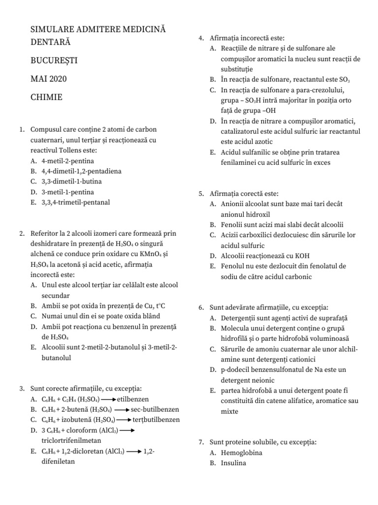 Simulare Admitere Medicină Dentară | PDF