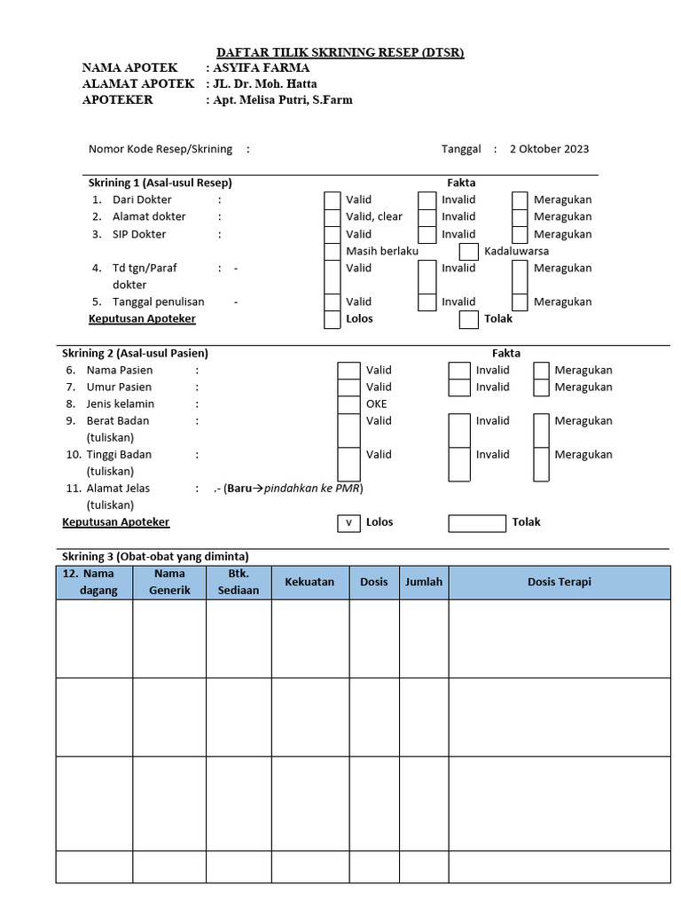 Daftar Tilik Skrining Resep Pak Salman | PDF | Kesehatan Holistik | Sains & Matematika