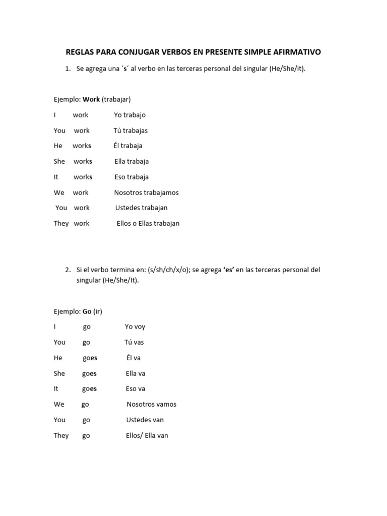 REGLAS PARA CONJUGAR VERBOS EN PRESENTE SIMPLE AFIRMATIV1 (4) | PDF