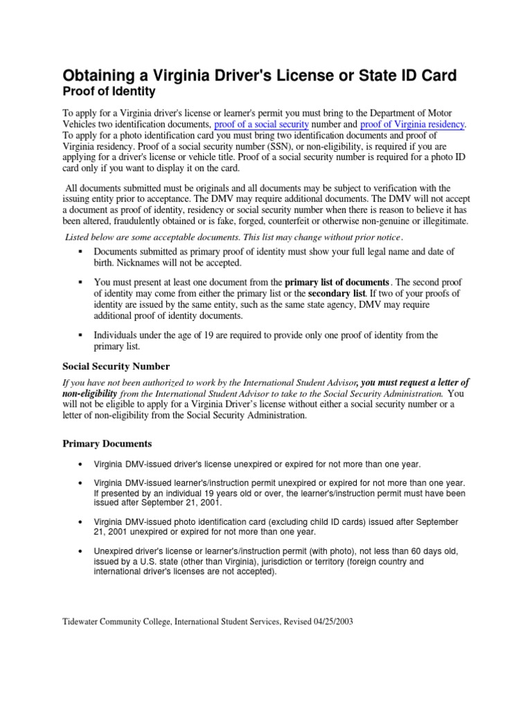 Requirements for Obtaining a Virginia Driver's License or State ID Card ...
