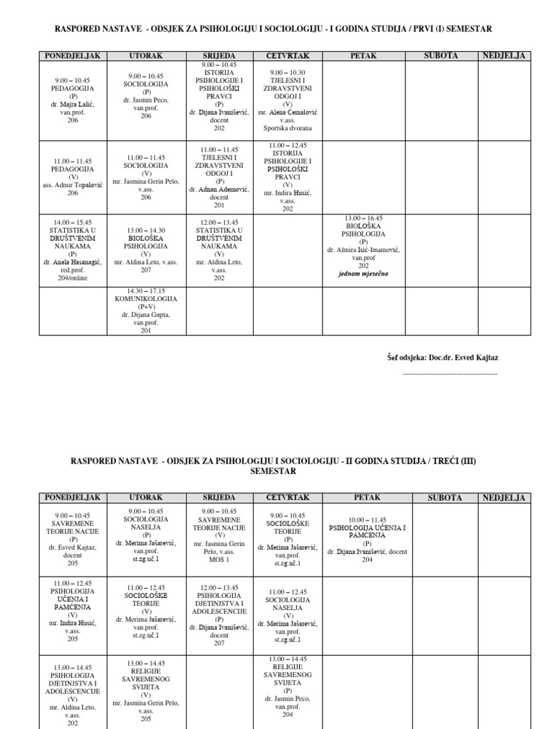 Raspored Nastave - Psih - Soc 2023-2024 | PDF