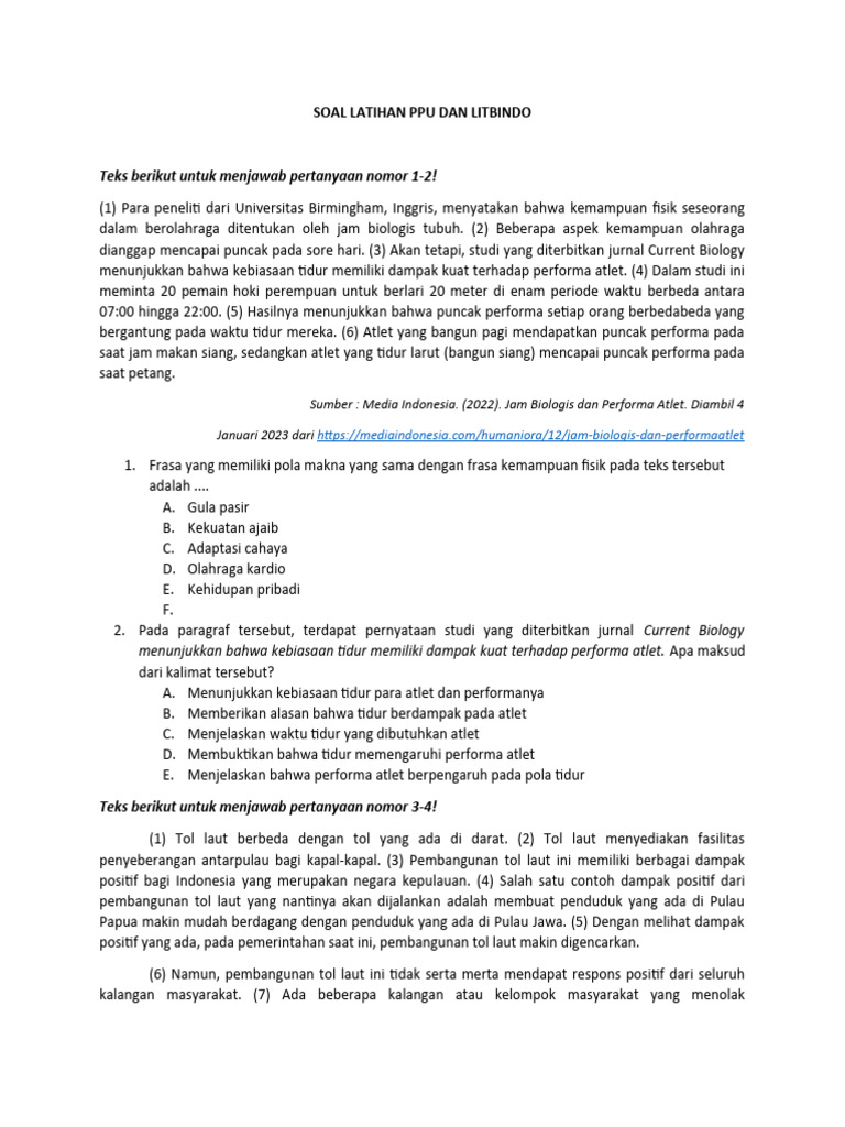 Soal Latihan Ppu Dan Litbindo 2 | PDF