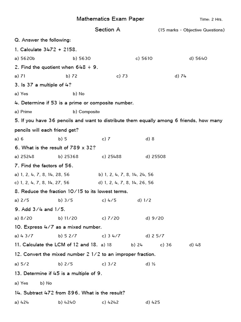 Mathematics Exam Paper Sample Test Papers | PDF