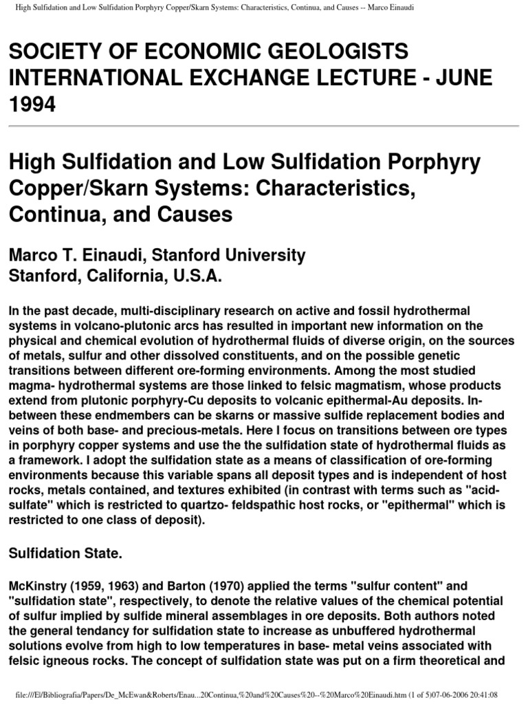 Einaudi, 1994. HS and LS Sulfidation Porphyry Cu-Skarn Systems | PDF