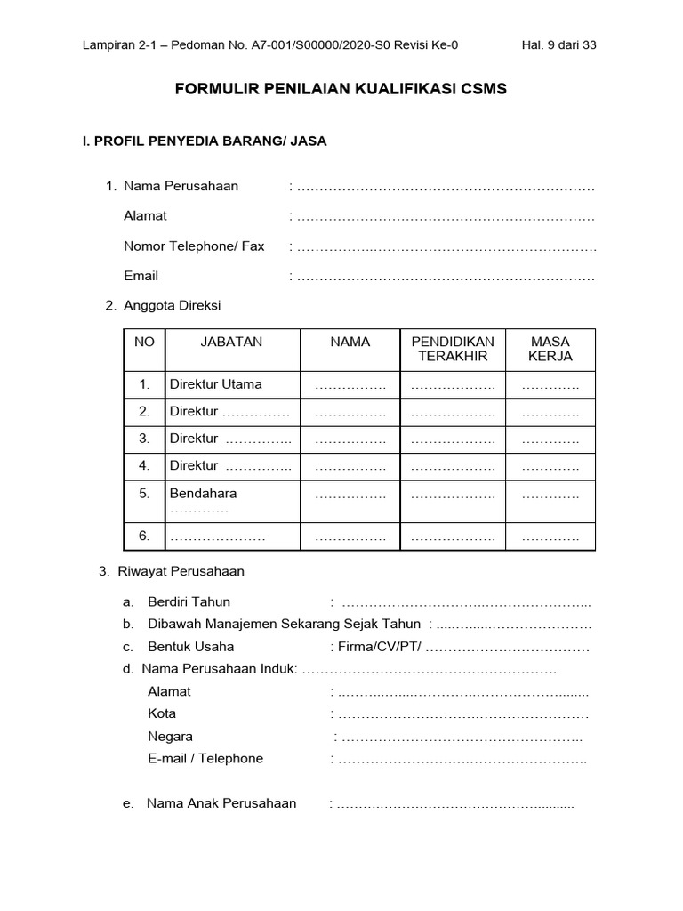 Form Checklist Penilaian Kualifikasi CSMS 2020 | PDF