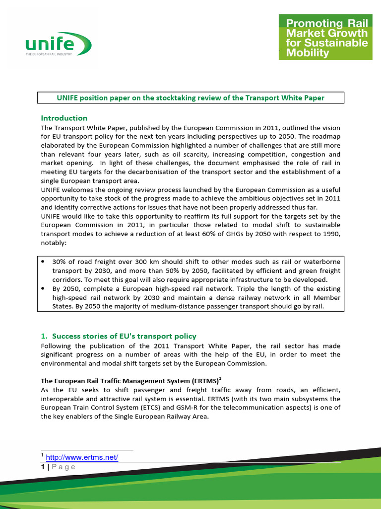 UNIFE Position Paper On Transport White Paper Stocktaking Review | PDF
