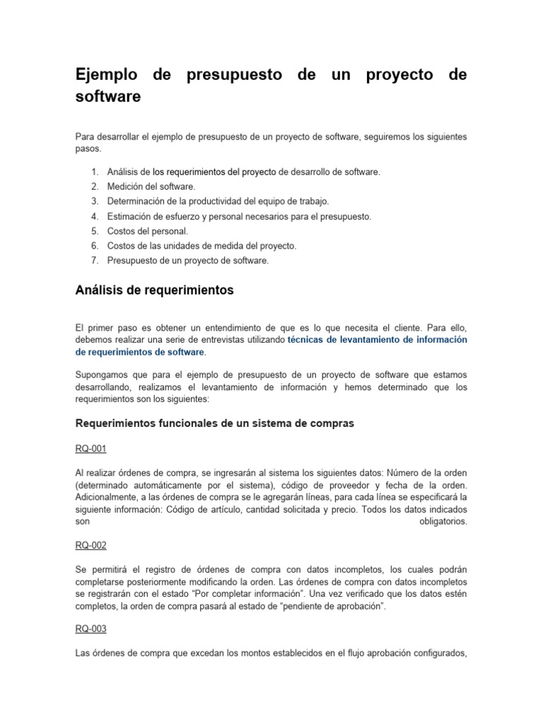 Ejemplo de Presupuesto de Un Proyecto de Software | PDF