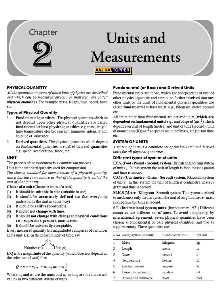 Chapter - 2 Units and Measurements | PDF