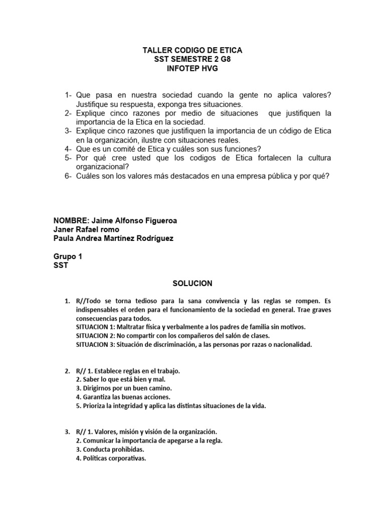 Taller Codigo de Etica g8 | PDF | Business