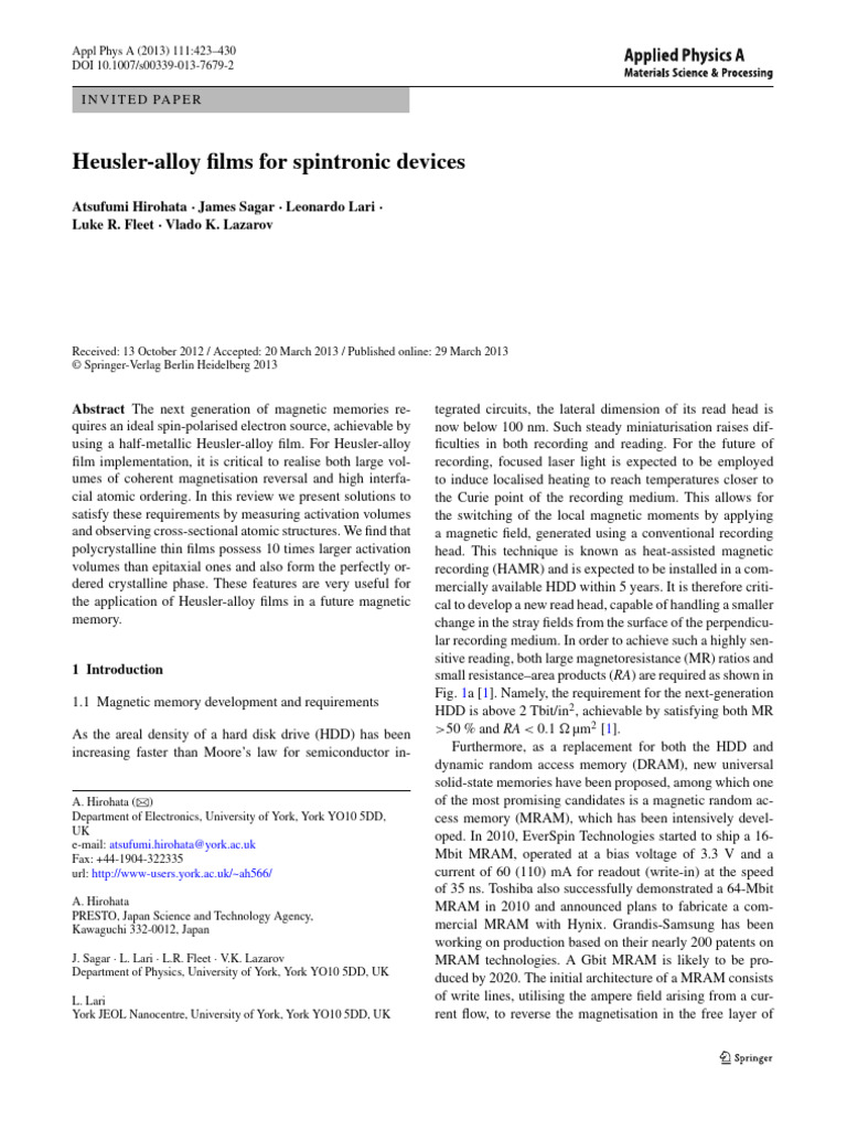 Heusler-Alloy Films For Spintronic Devices: James Sagar Leonardo Lari ...