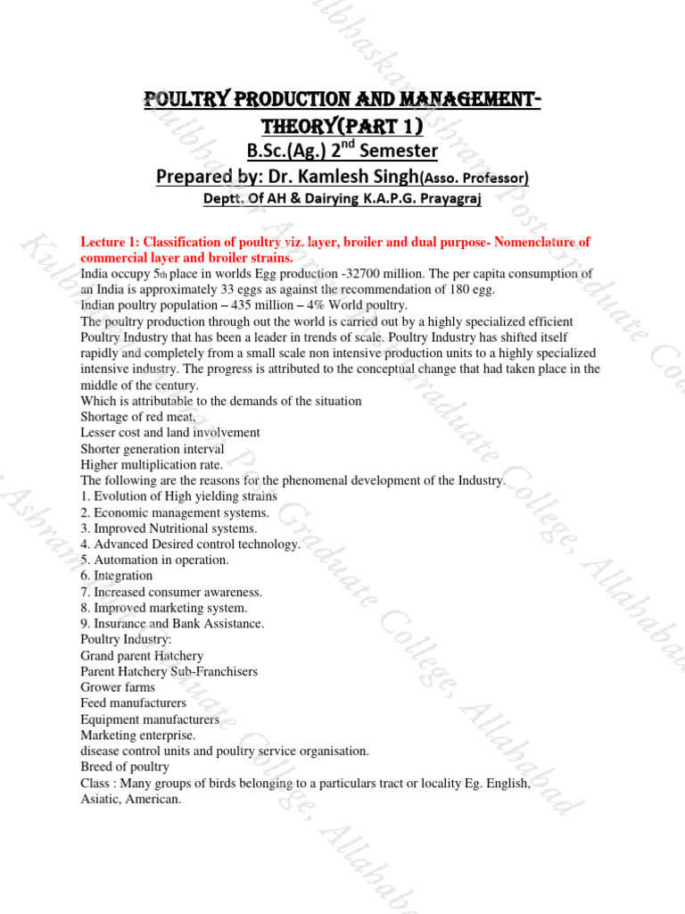 B.Sc. (Ag) II (Poultry Production & Management) Part - 1 by Dr. Kamlesh Singh | PDF