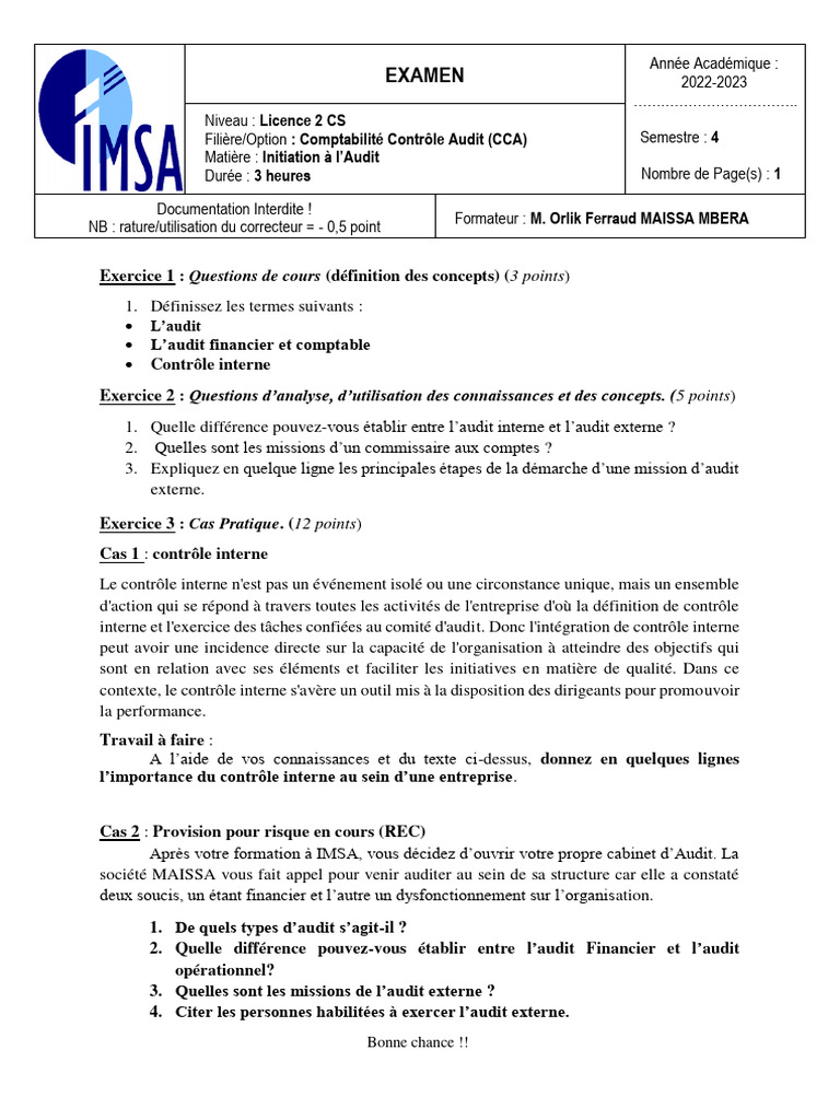 EXAMEN Initiation À L'audit CCA CS | PDF | Audit | Contrôle interne