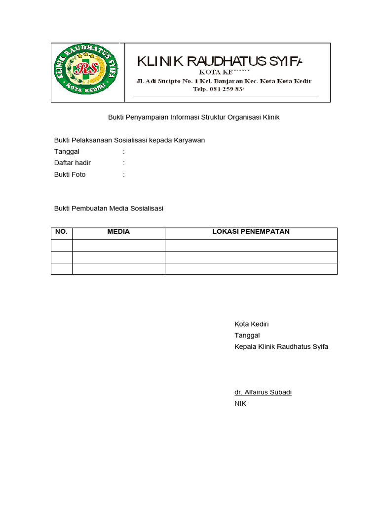 1.1.2.b - Bukti Penyampaian Informasi Struktur Organisasi Klinik | PDF