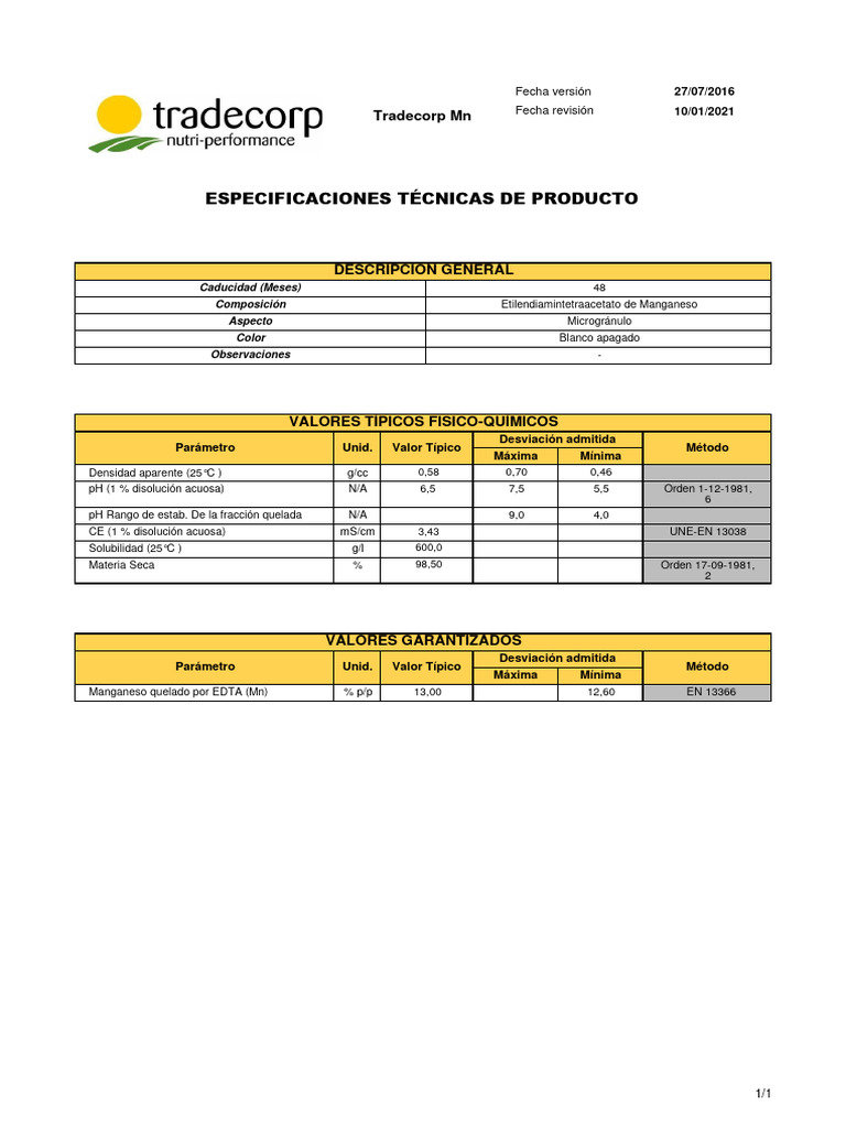 Especificaciones de Tradecorp Mn | PDF | Química | Ciencias fisicas
