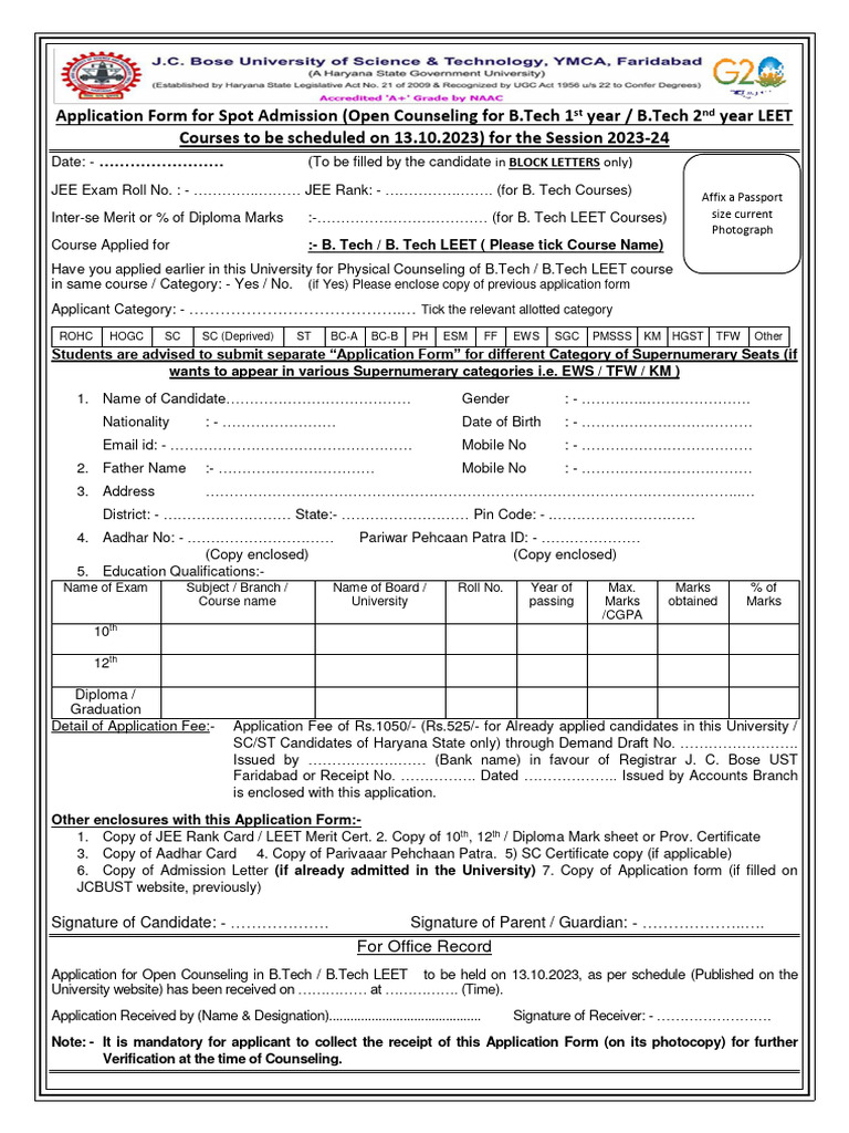 B.Tech Admission Spot Counseling Form | PDF | Career & Growth