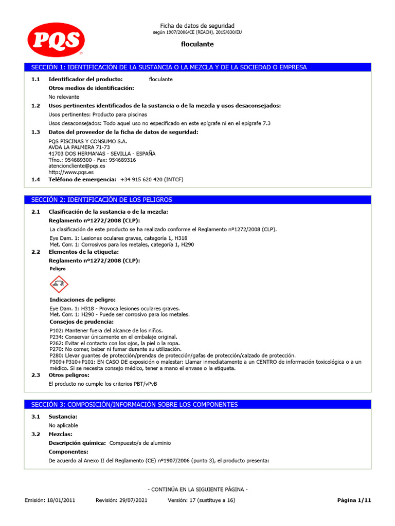 Hoja de Seguridad Agua Floculante Puro 100% #380 | Descargar gratis PDF | Dióxido de carbono ...