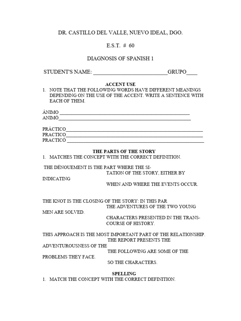 First Grade Spanish Diagnostic Exam | PDF | Stress (Linguistics ...