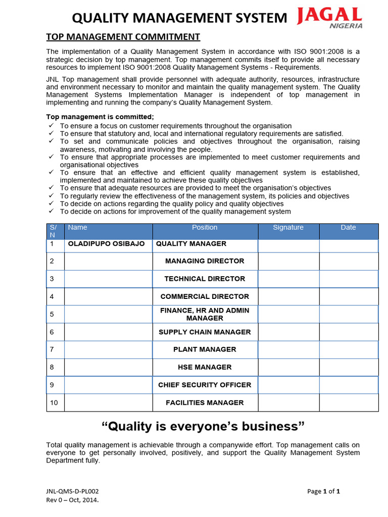 QUALITY CHARTER - OLADIPUPO - Quality Management - Rev0 | PDF | Quality ...