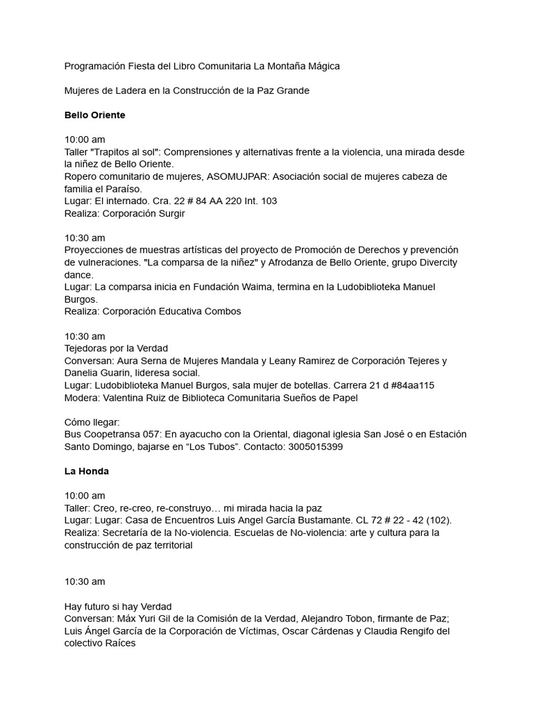 Programación Fiesta Del Libro Comunitaria La Montaña Mágica 2023 | PDF