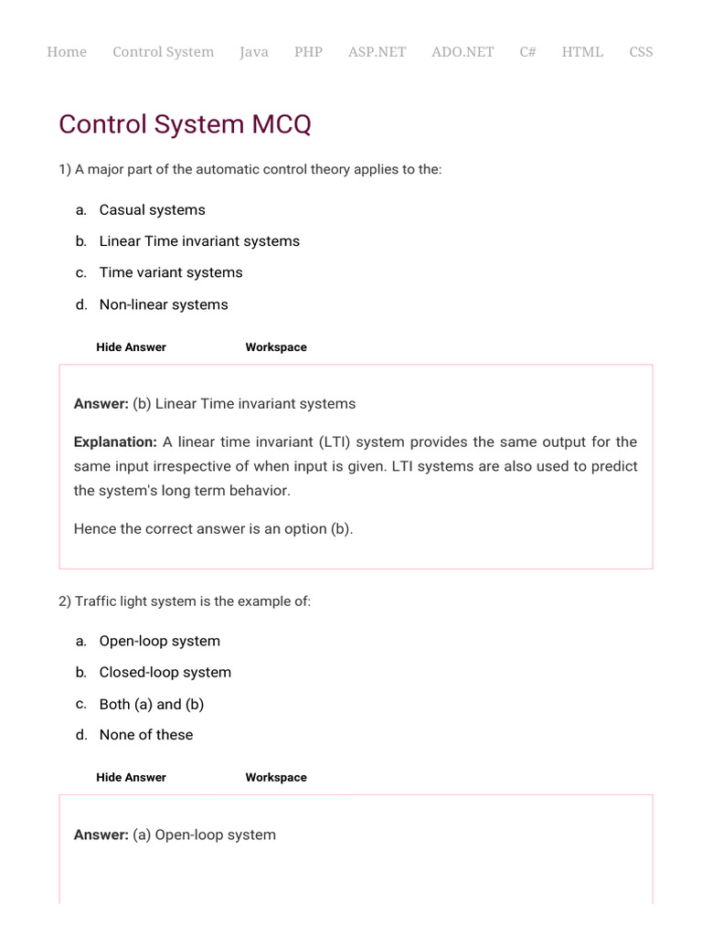 Control System MCQ (Multiple Choice Questions) - Javatpoint | PDF | Damping | Applied Mathematics
