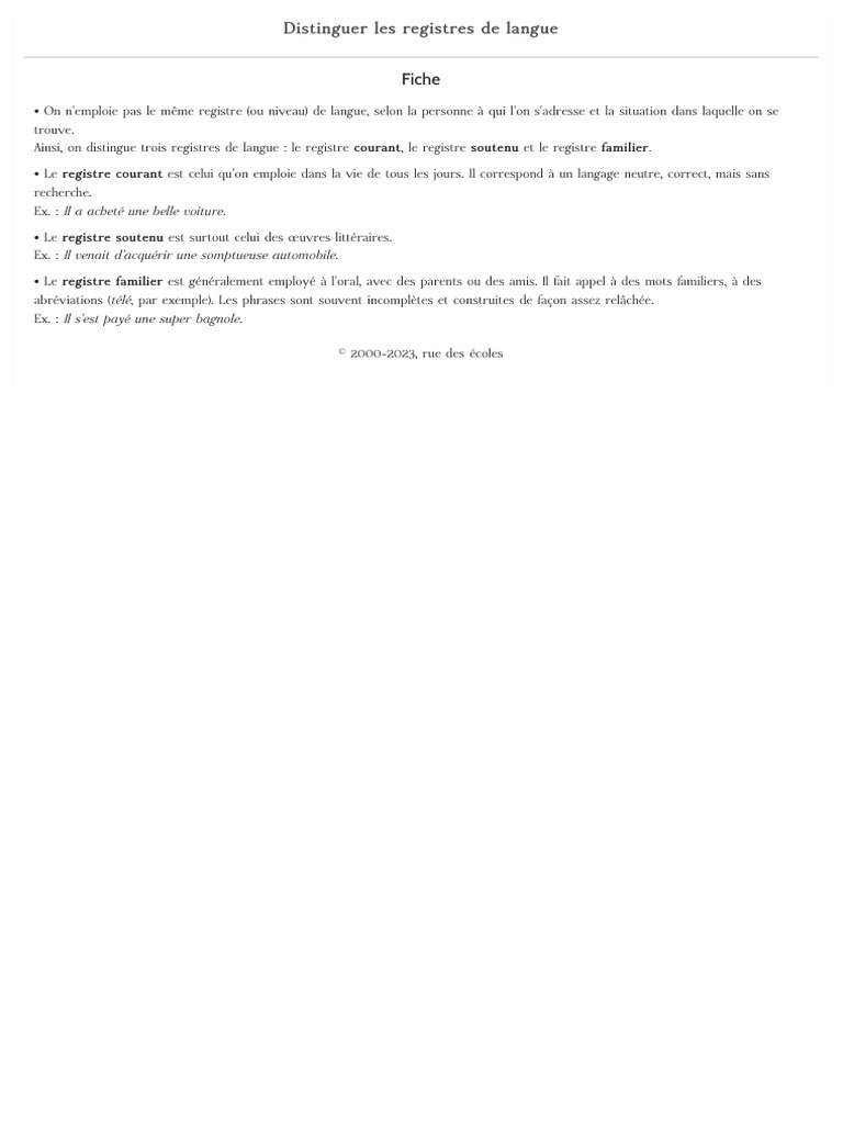 CM1 Francais Distinguer Les Registres de Langue | PDF