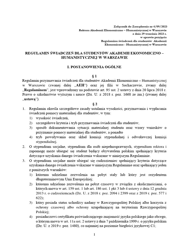 Zarz - Dzenie Rektora Ws. Przyj - Cia Regulaminu - Wiadcze - Dla Studentów 2023-2024 - Final | PDF