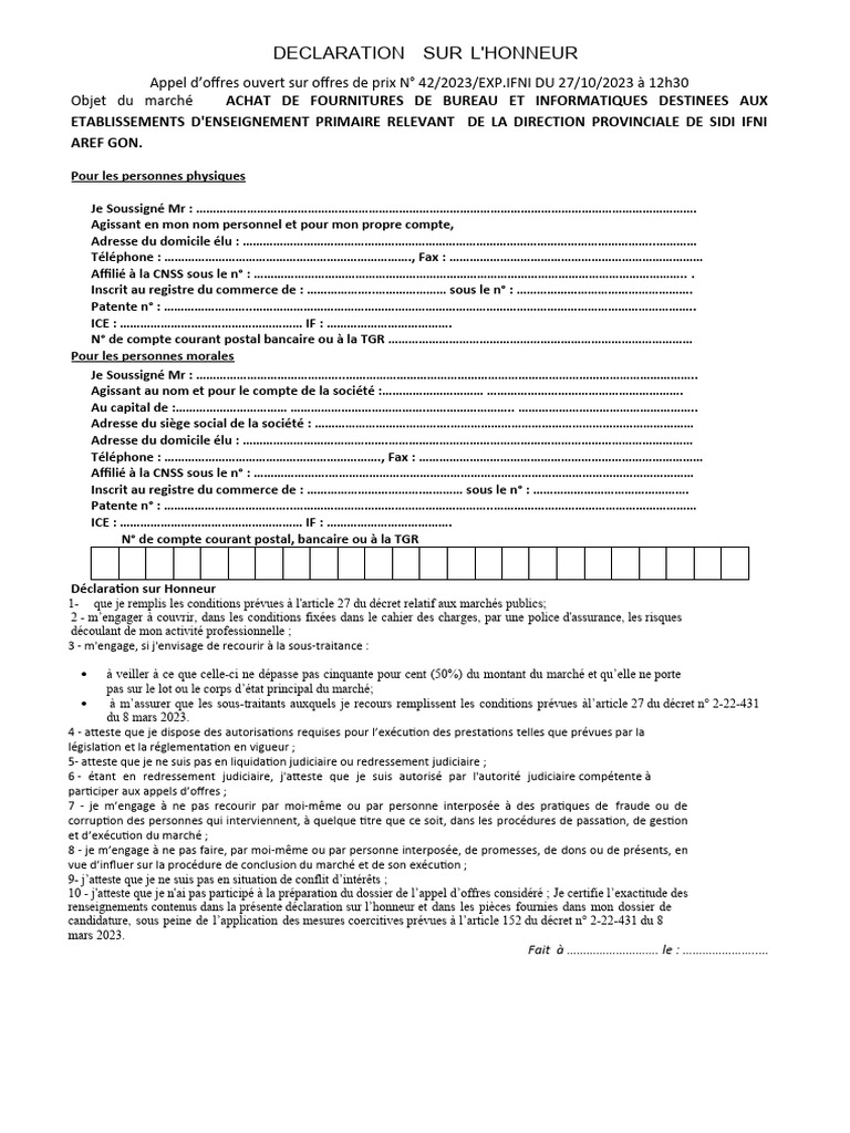 Déclaration Sur l'Honneur | PDF