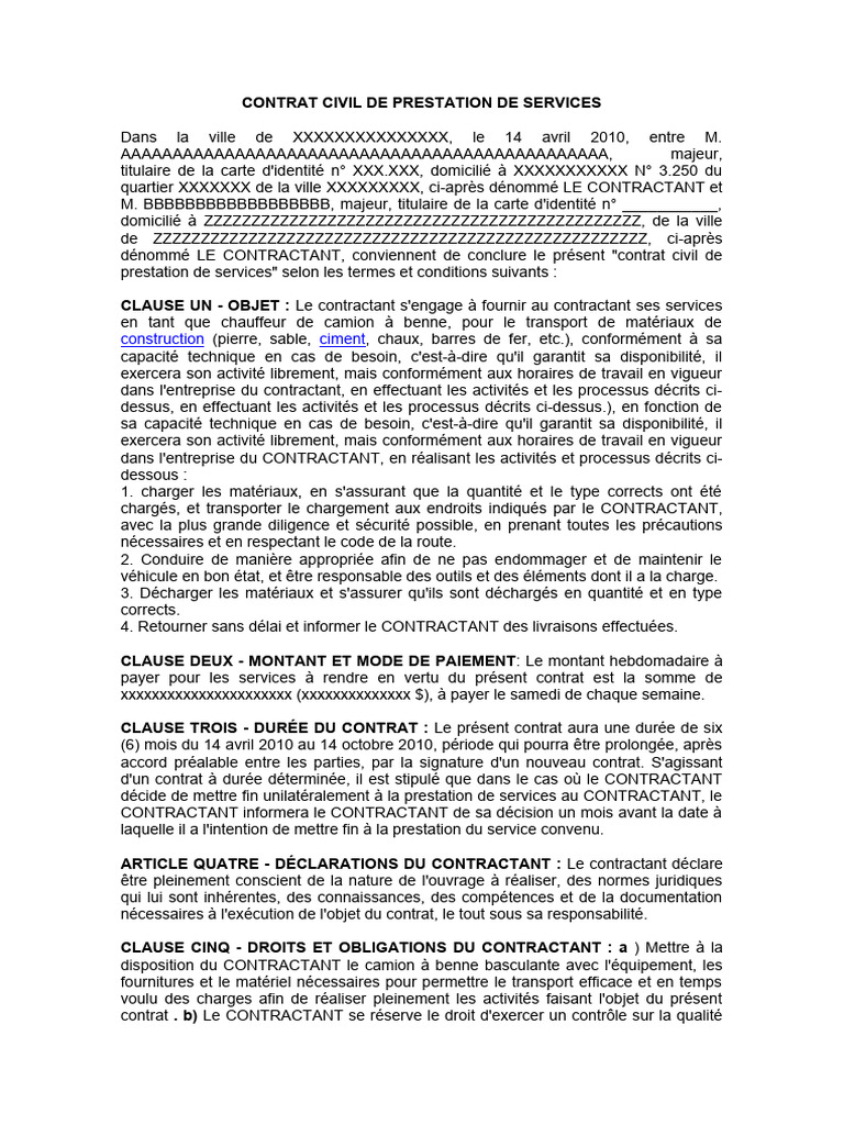 CONTRAT CIVIL DE PRESTATION DE SERVICES (CHAUFFEUR DE CAMION) | PDF