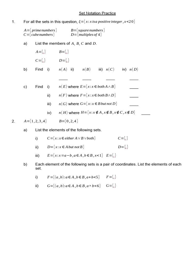 Set Notation Questions Pdf