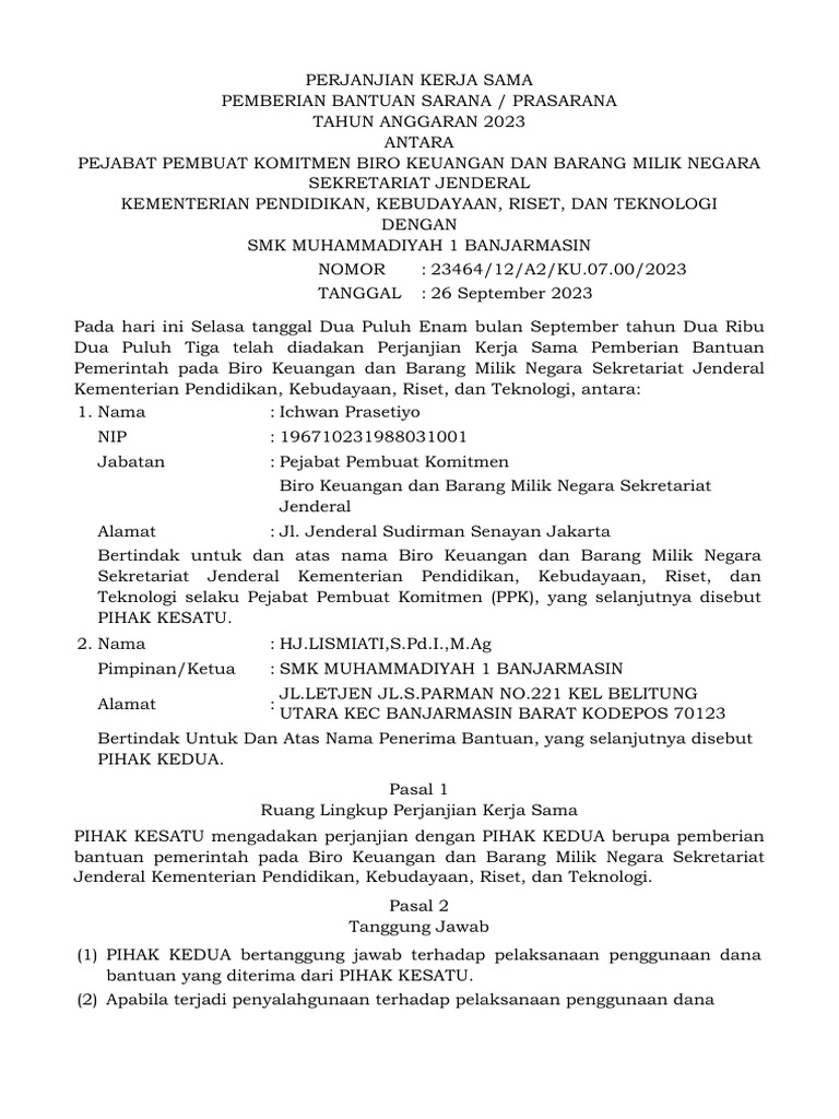 Mou SMK Muhammadiyah 1 Banjarmasin | PDF