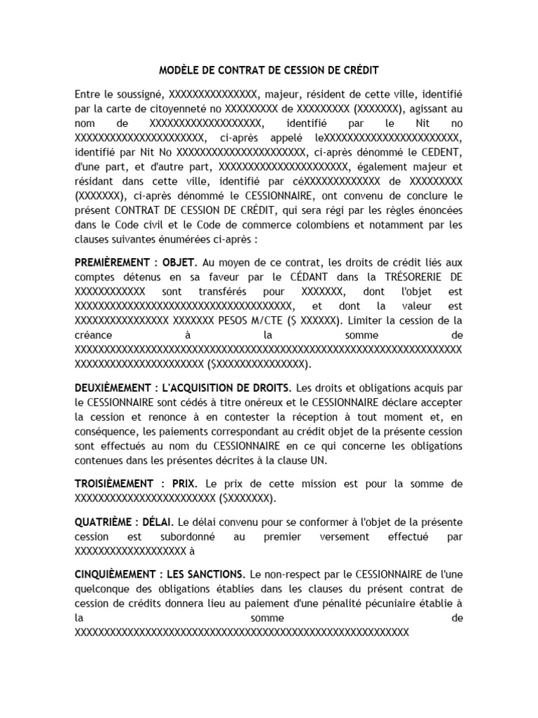 Modèle de Contrat de Cession de Crédit en Colombie | PDF