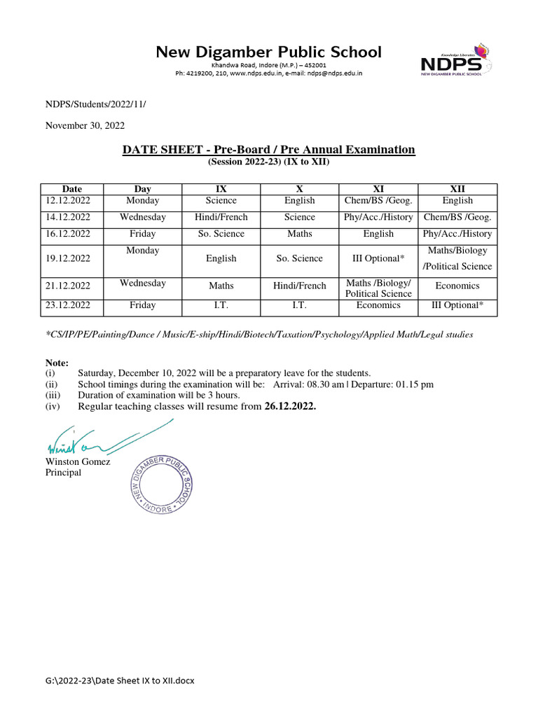 NDPS Pre-Board Exam Date Sheet 2022-23 | PDF