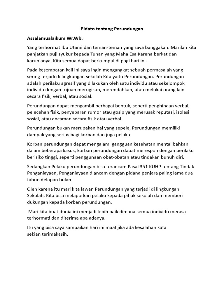 Pidato Tentang Perundungan Assalamualaikum WR, WB | PDF