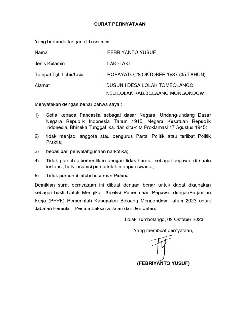 Surat Pernyataan PPPK 2023 | PDF
