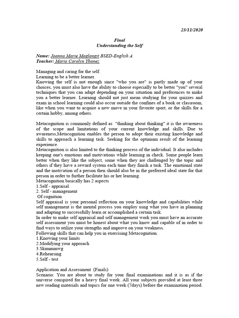Understanding The Self Final First Activity | PDF | Metacognition | Learning