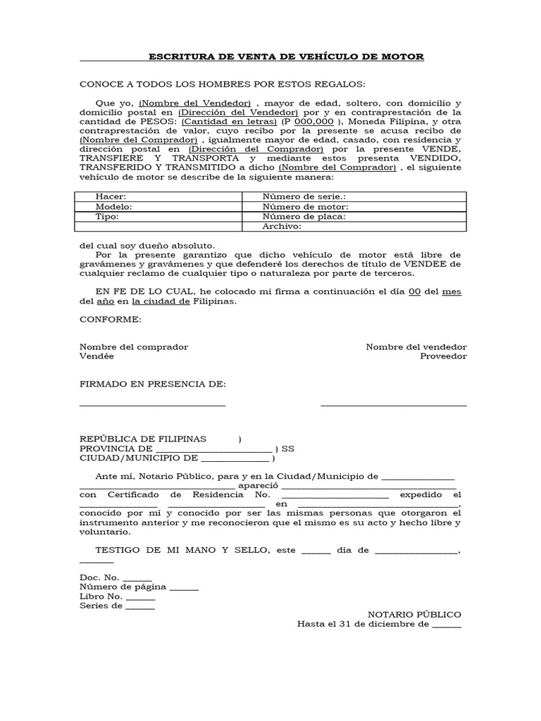 Escritura de Compraventa de Vehículo Automotor - Modelo | PDF