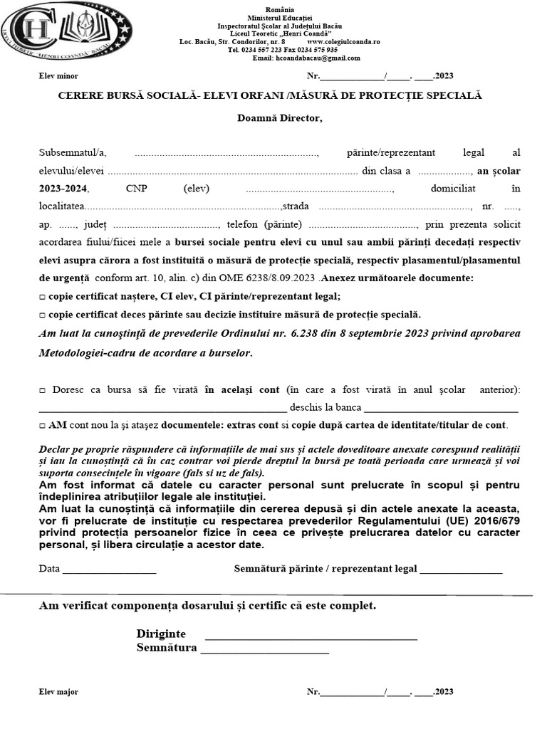 cerere-bursa-de-ajutor social orfani 2023-2024 | PDF