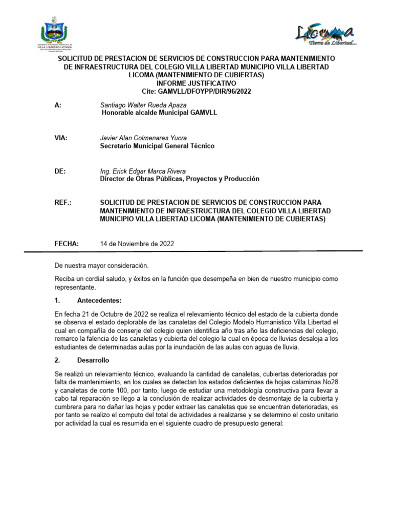 Informe de Solicitud Obra | PDF
