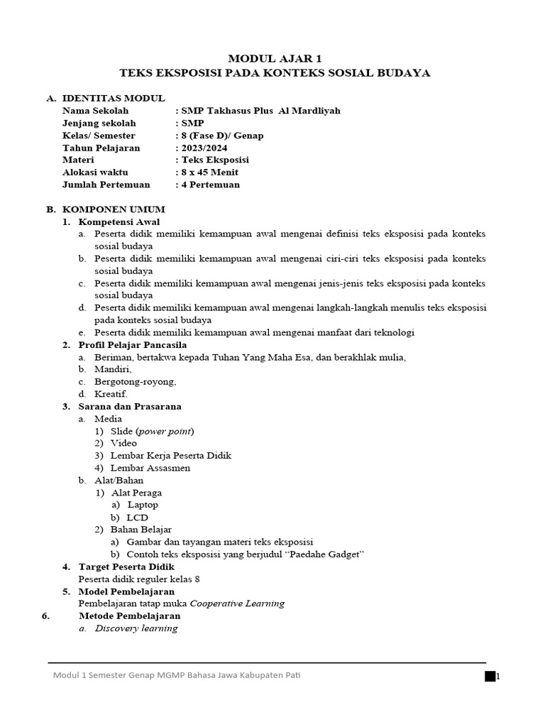 MODUL AJAR Kls 8 Teks Eksposisi 1 | PDF