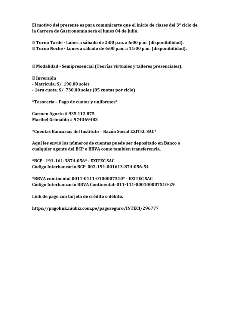 El Motivo Del Presente Es para Comunicarte Que El Inicio de Clases Del 3 | PDF | Crecimiento ...