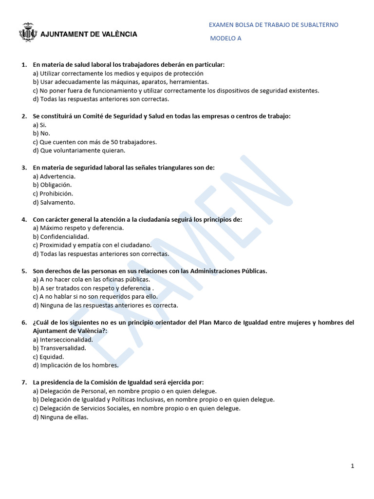 EXÀMEN MODEL A Subalterno | PDF