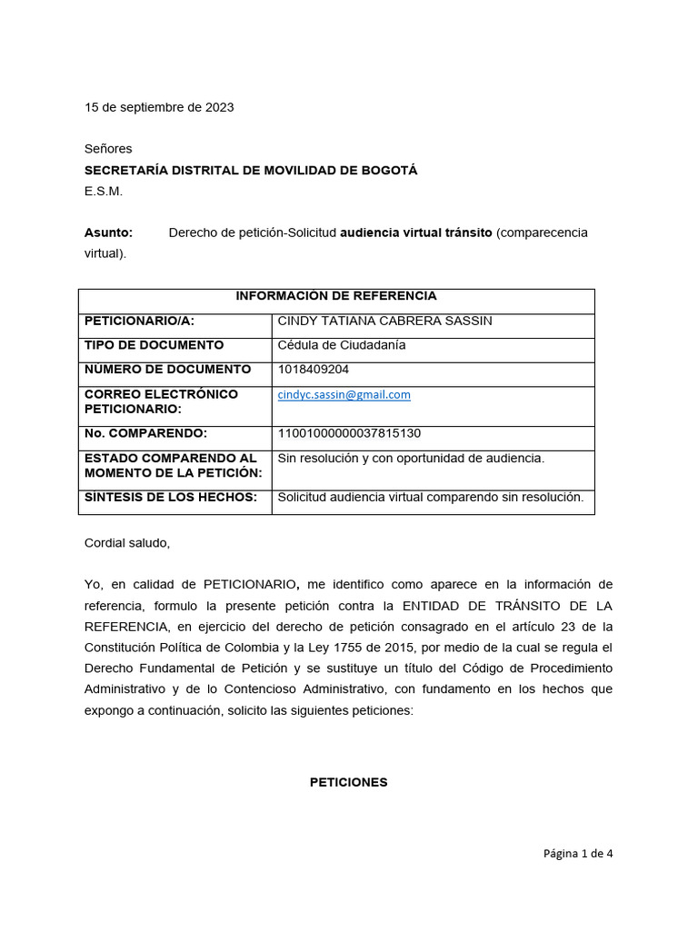 Solicitud Audiencia Transito Fotomulta - Cindy Cabrera - 2 | PDF ...