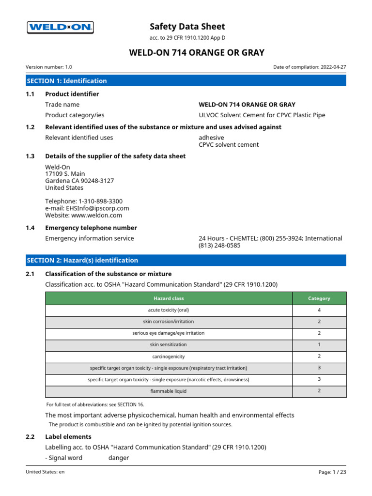 Weld-On 714 Safety Data Sheet | PDF | Toxicity | Chemical Substances