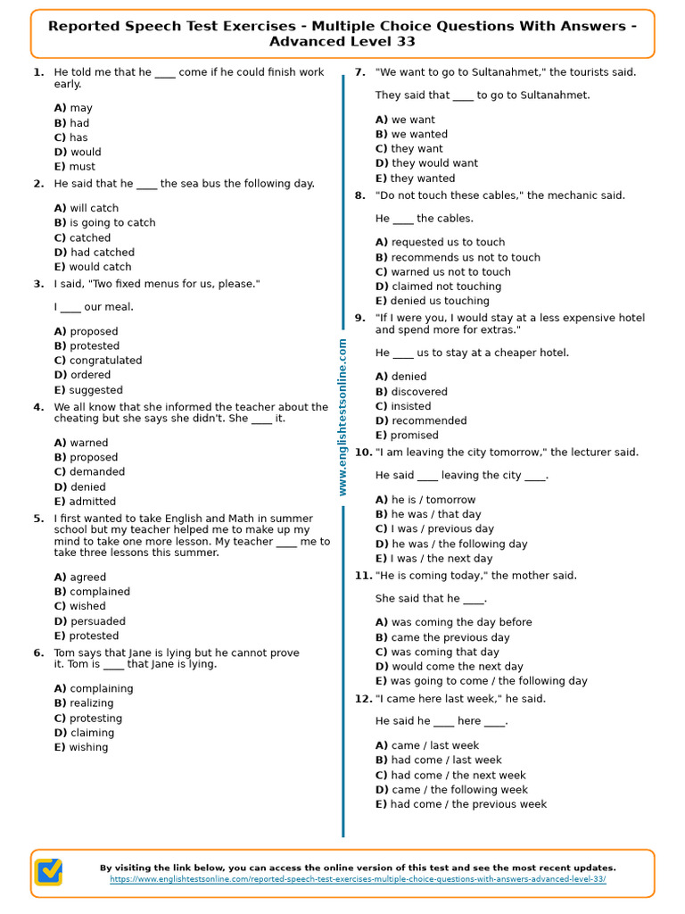 Reported Speech MCQ Test with Answers | PDF