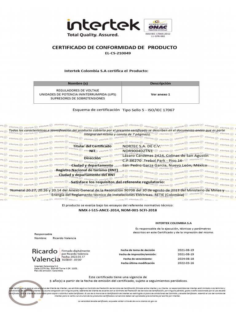 Certificación Reguladores de Voltaje Intertek | PDF | Electricidad | Alimentación de CA