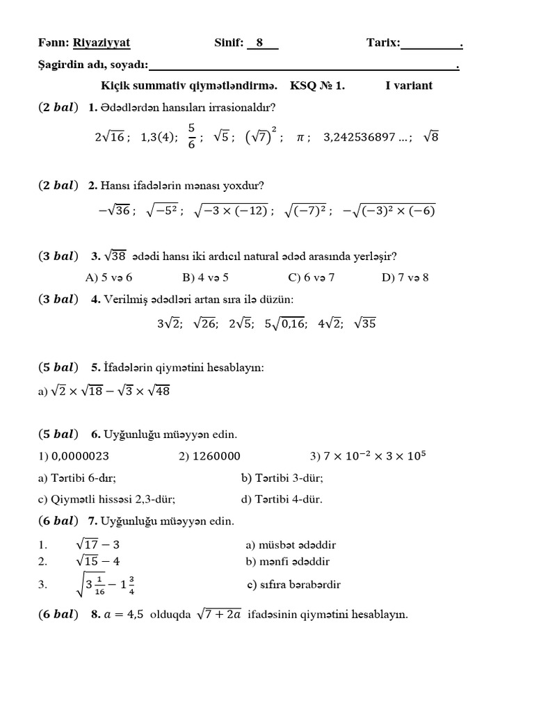8ci sinif KSQ 1. 1ci variant | PDF