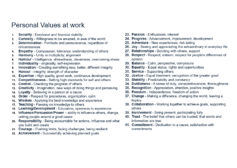 List of Personal Values at Work | PDF