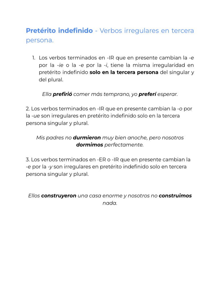 Pretérito indefinido - verbos irregulares en tercera persona | PDF