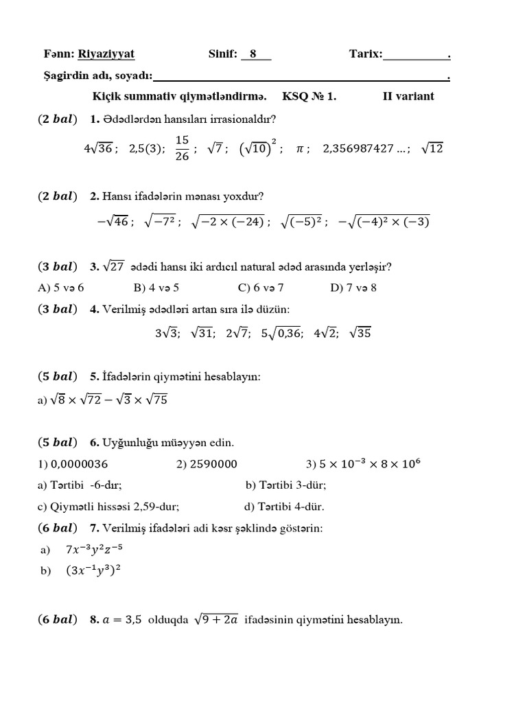 8ci Sinif KSQ 1. 2ci Variant | PDF